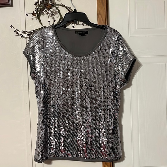august silk | Tops | August Silk Blouse Gray With Silver Sequins Size ...